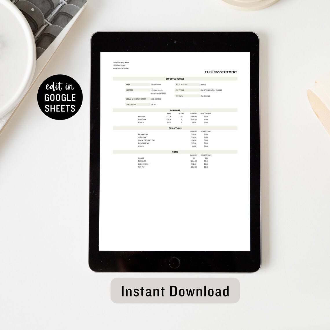 Easy to Use Paystub Template for Small Business, Customizable Paystub ...