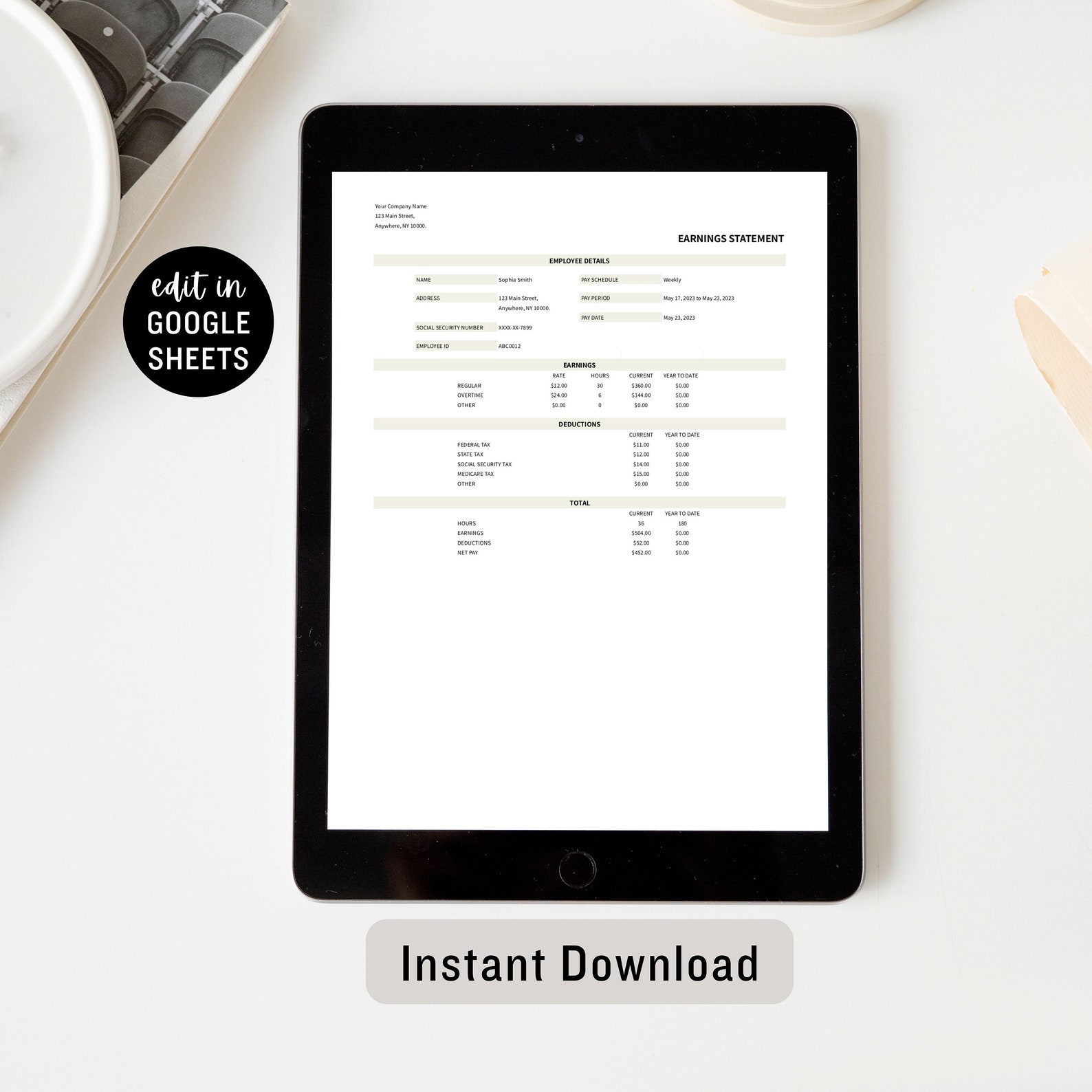 Easy to Use Paystub Template for Small Business, Customizable Paystub ...