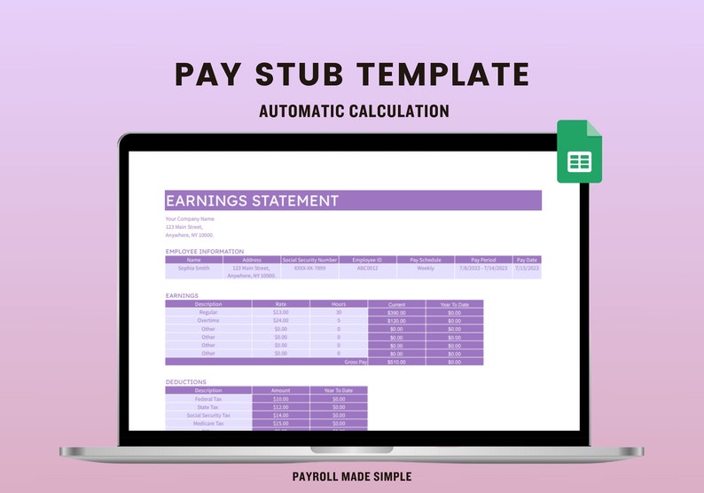 Easy to Use Paystub Template for Small Business, Editable Paystub ...