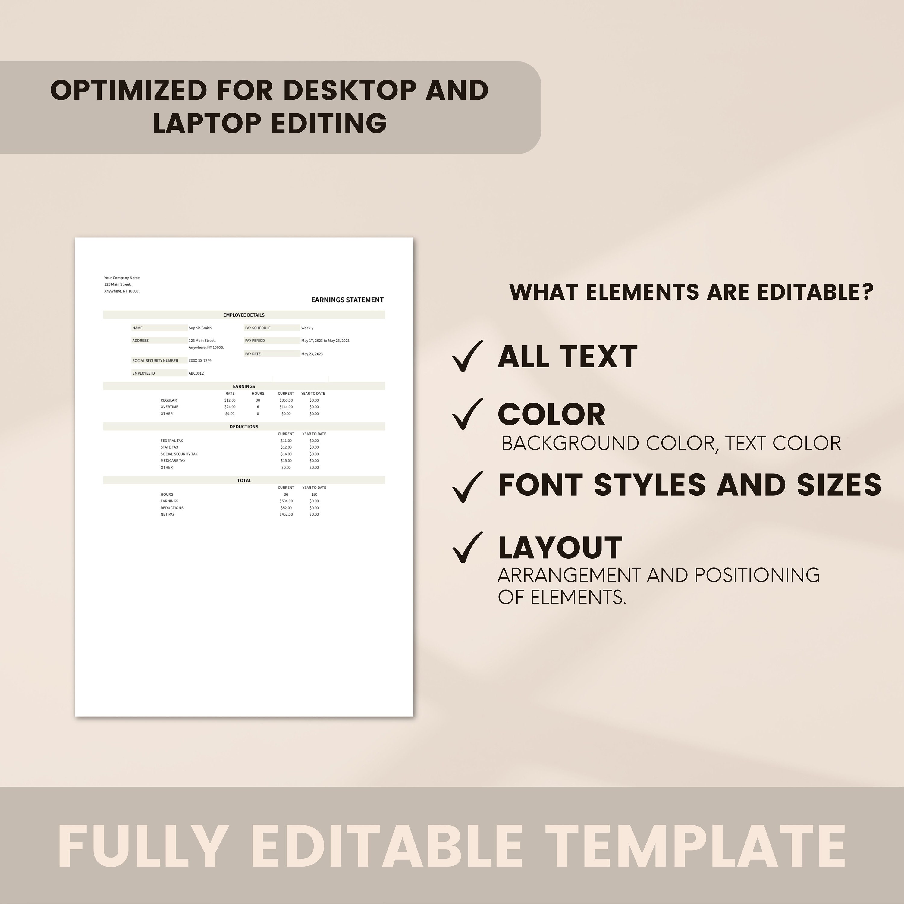 Easy to Use Paystub Template for Small Business, Customizable Paystub ...