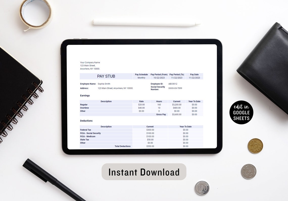Easy to Use Paystub Template for Small Business, Editable Paystub ...