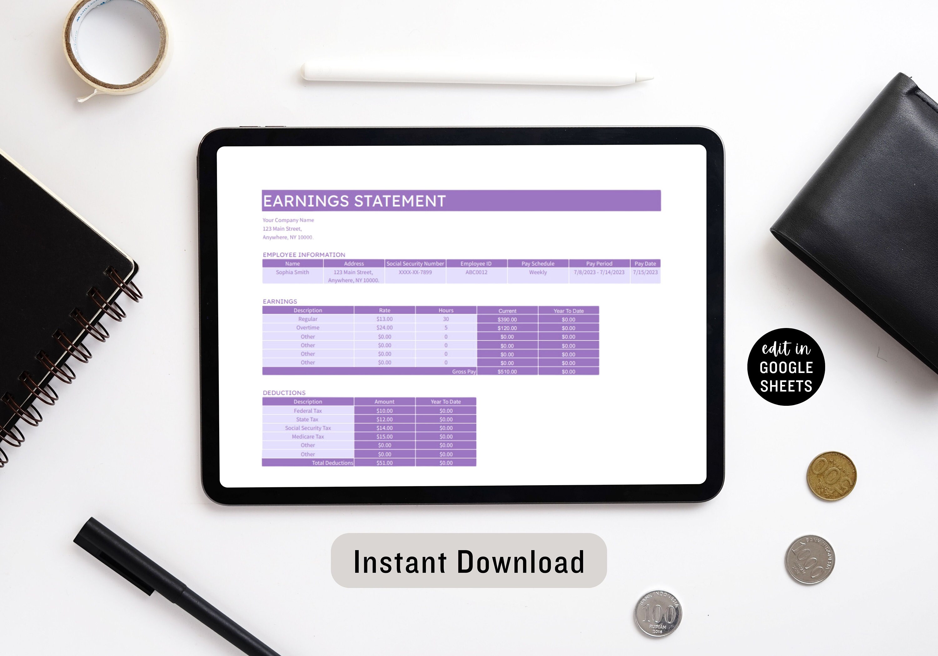 Easy to Use Paystub Template for Small Business, Editable Paystub ...
