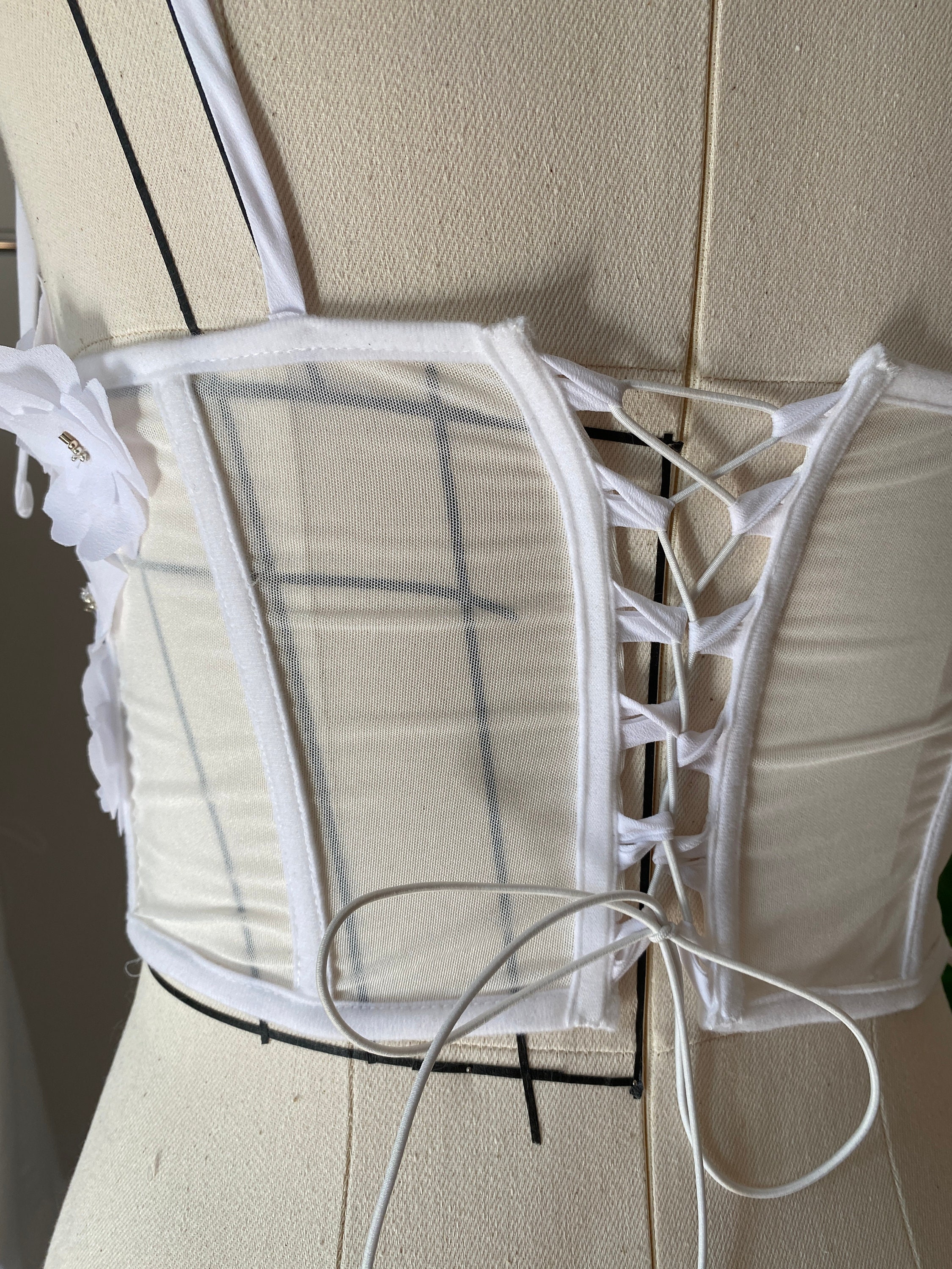 Lili Wedding Corset. off White Mesh, Bra Cups, Bones. Lace up Corset ...