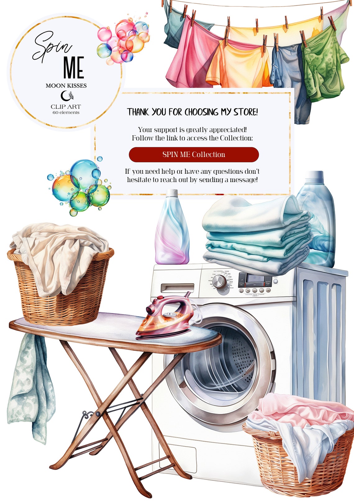 Laundry Room Watercolor Clip Art: Washing Machine, Ironing Board ...
