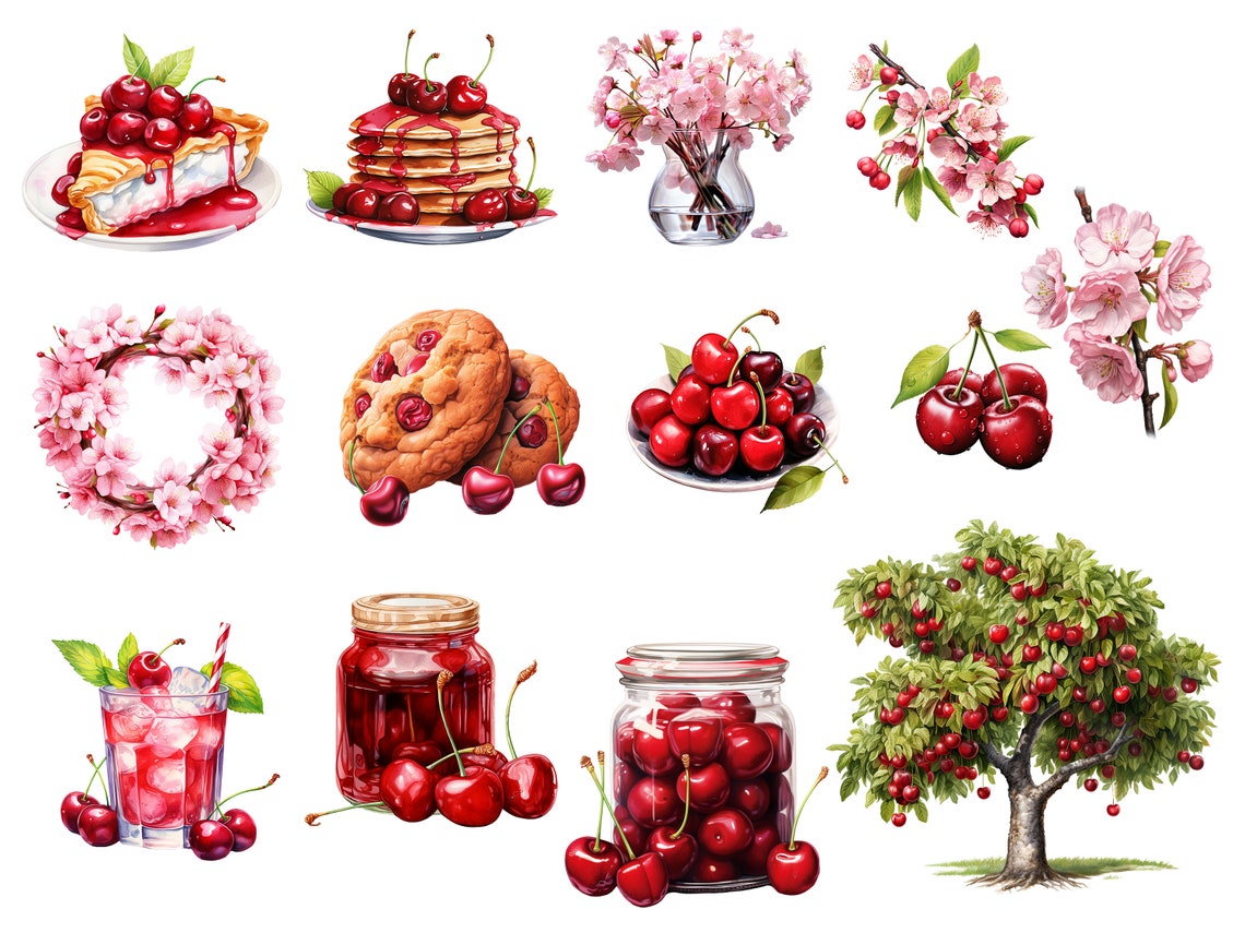 Cherry Clipart: Cherry Blossom, Cherry Jam, Cherry Pie, Cherry Cupcake ...