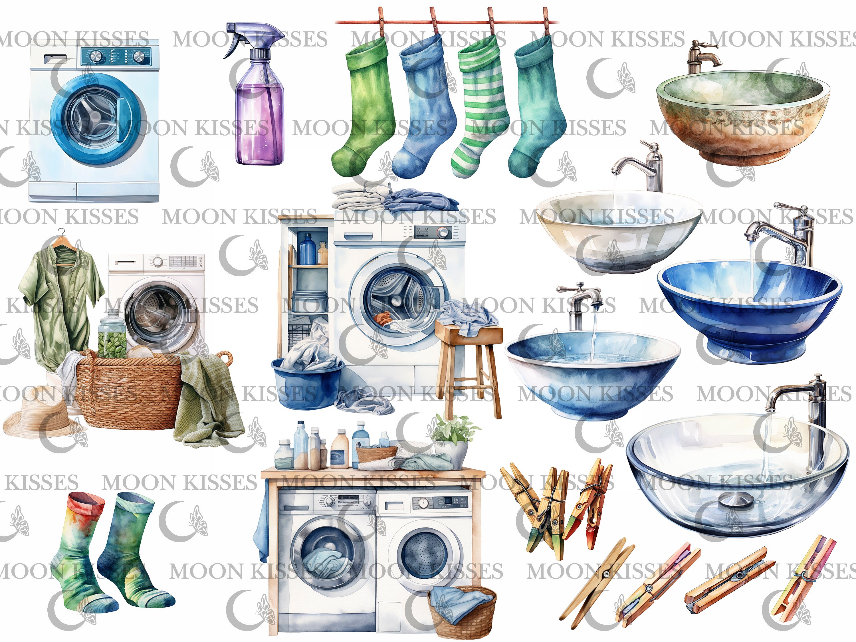 Laundry Room Watercolor Clip Art: Washing Machine, Ironing Board ...