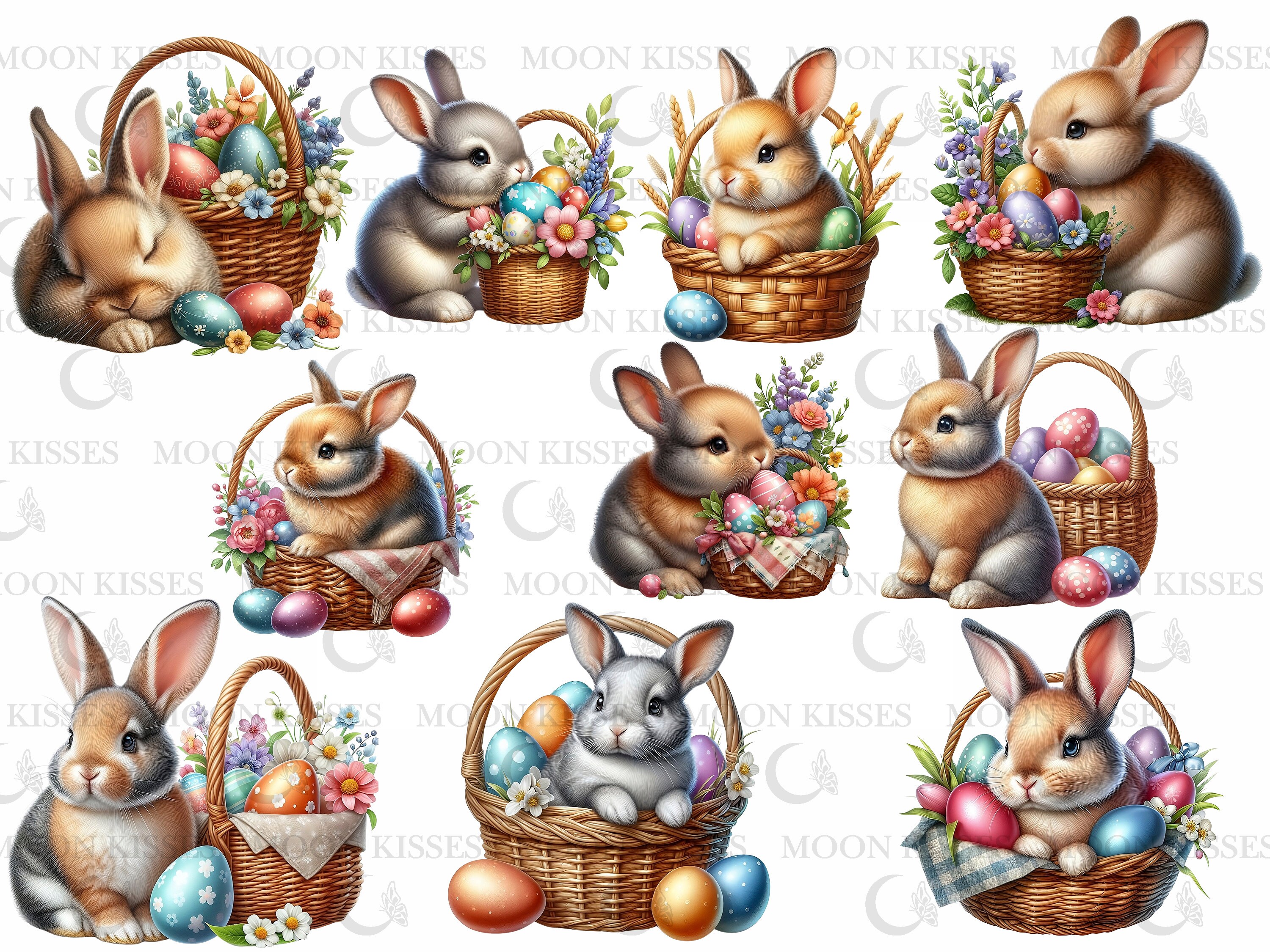Easter Bunny Clipart: Cute Bunny in Basket PNG, Spring Easter Decor ...