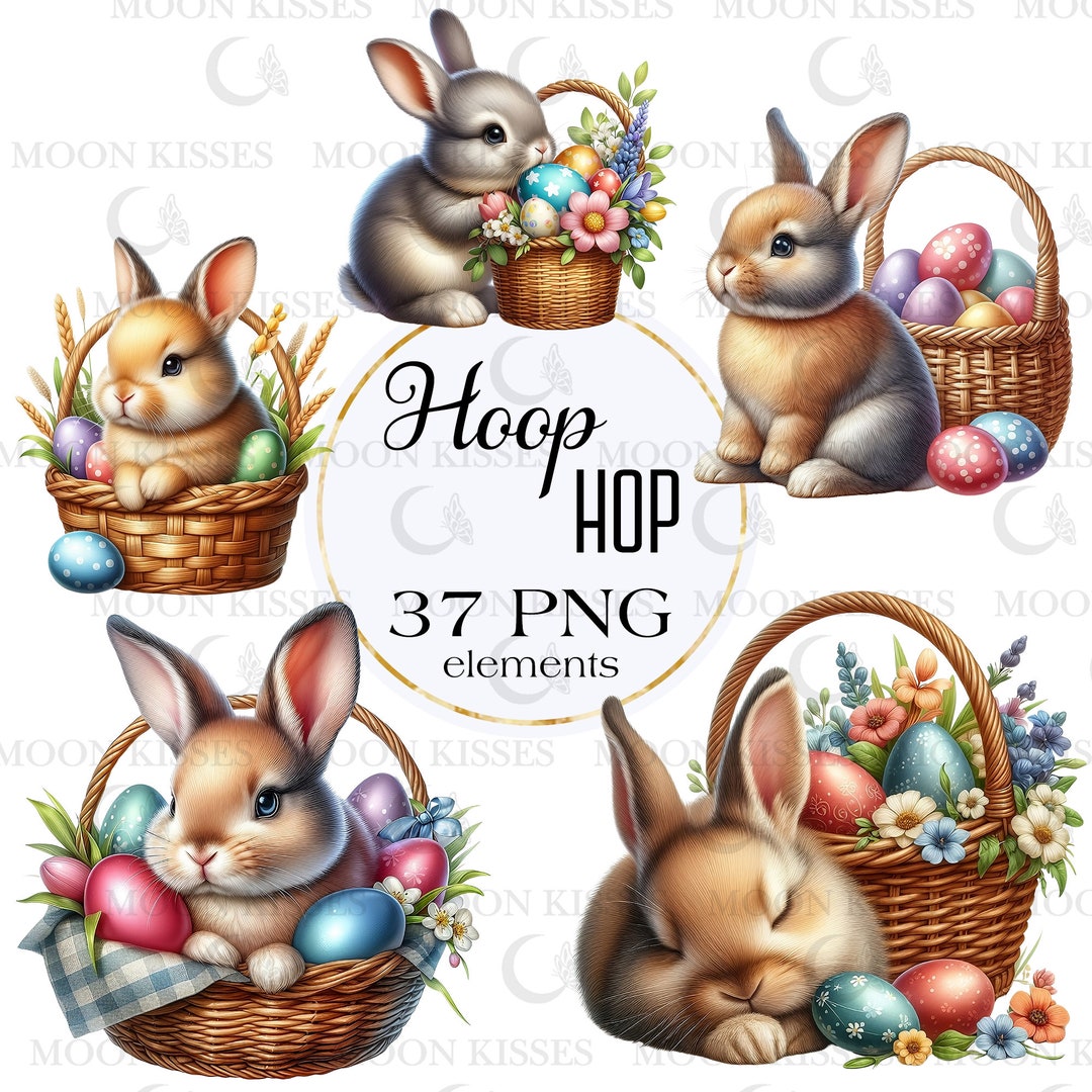 Easter Bunny Clipart: Cute Bunny in Basket PNG, Spring Easter Decor ...
