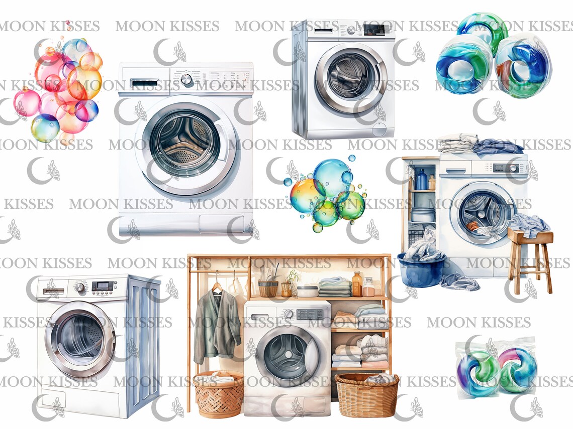 Laundry Room Watercolor Clip Art: Washing Machine, Ironing Board ...