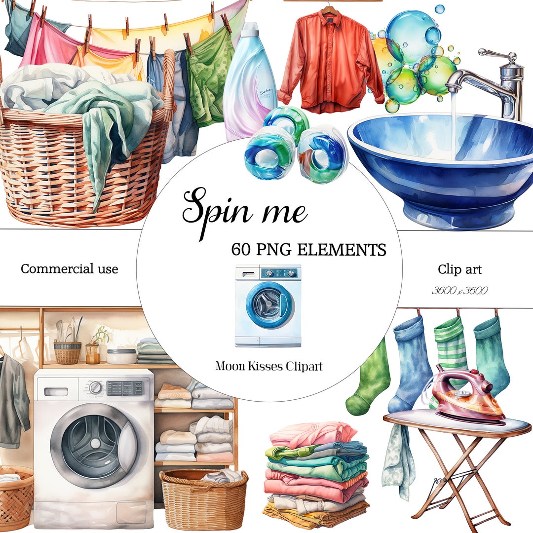 Laundry Room Watercolor Clip Art: Washing Machine, Ironing Board ...