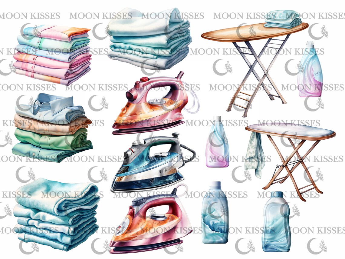 Laundry Room Watercolor Clip Art: Washing Machine, Ironing Board ...