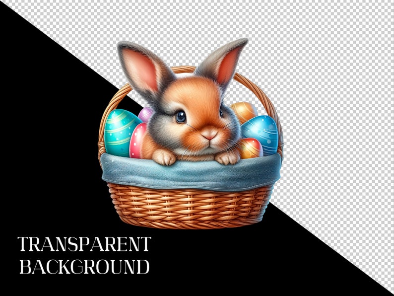 Easter Bunny Clipart: Cute Bunny in Basket PNG, Spring Easter Decor ...