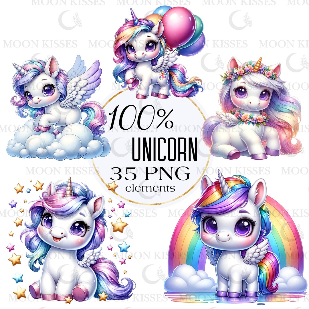 Cute Unicorn Clipart Bundle, Watercolor Unicorns Clip Art, Rainbow ...
