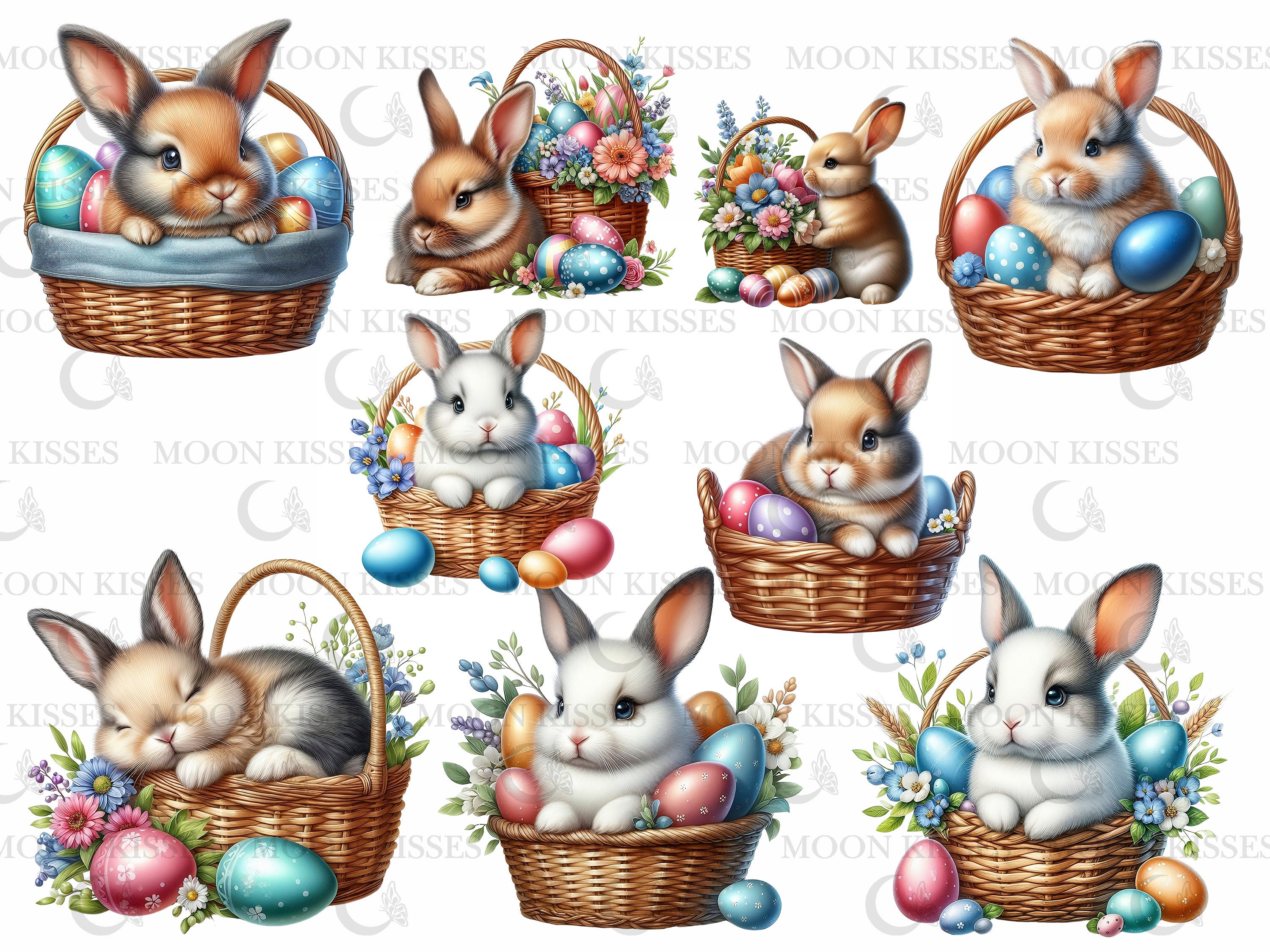 Easter Bunny Clipart: Cute Bunny in Basket PNG, Spring Easter Decor ...