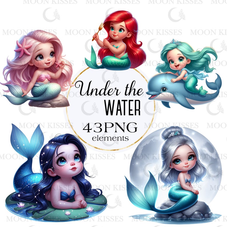 Little Mermaid Clipart, Cute Mermaid PNG, Pink Mermaid, Under the Sea ...