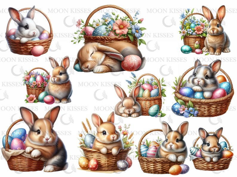 Easter Bunny Clipart: Cute Bunny in Basket PNG, Spring Easter Decor ...