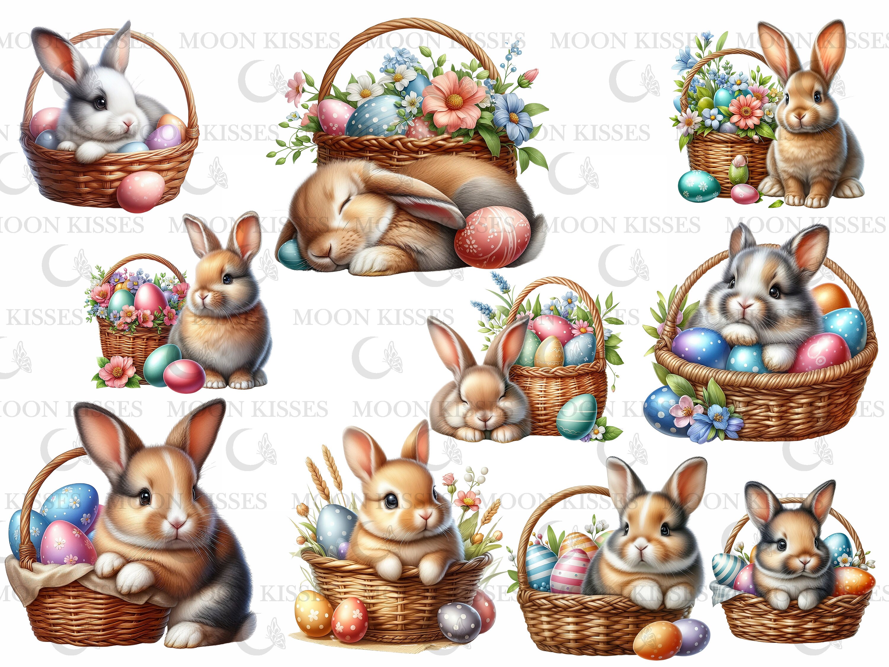 Easter Bunny Clipart: Cute Bunny in Basket PNG, Spring Easter Decor ...