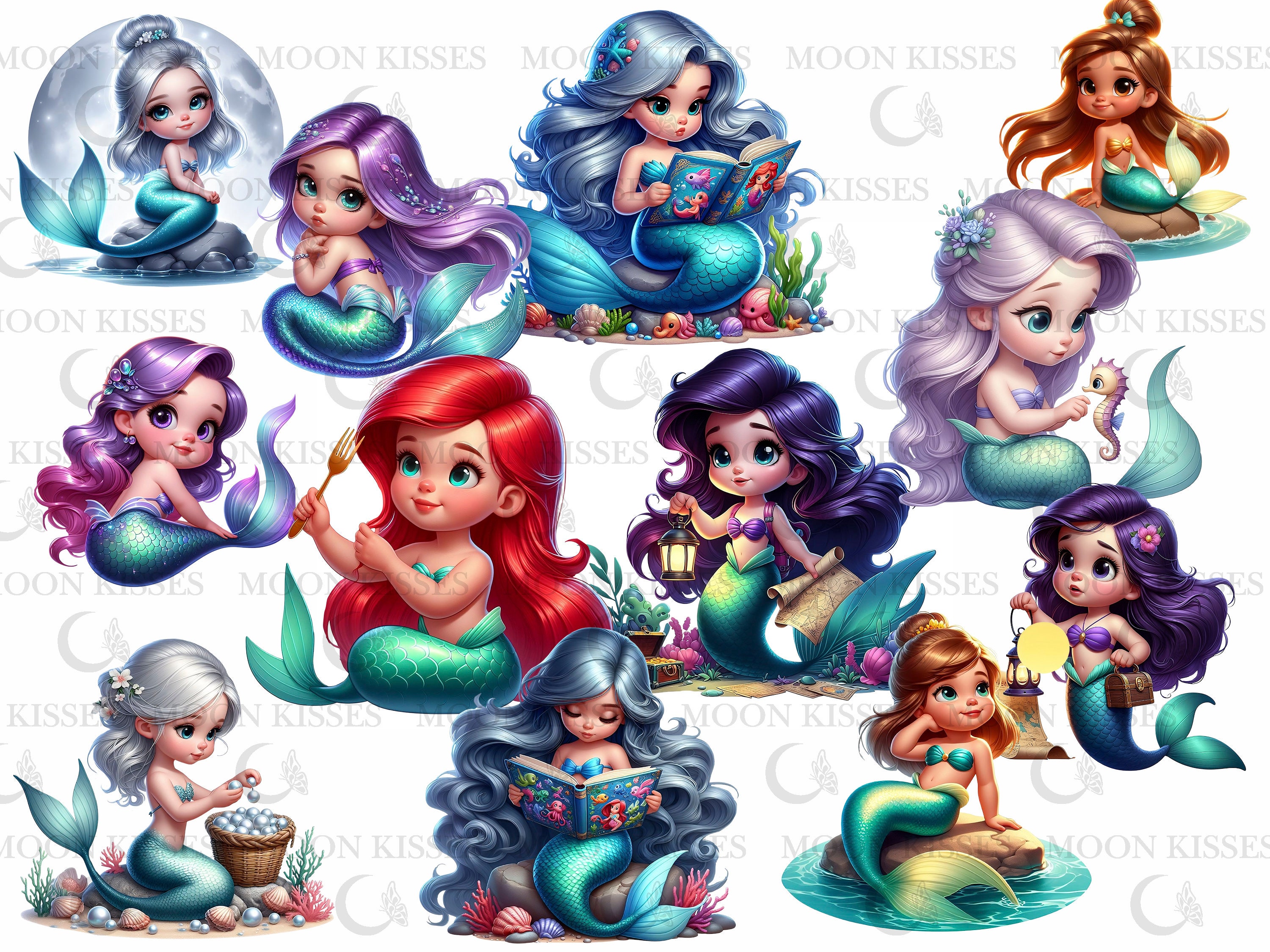 Little Mermaid Clipart, Cute Mermaid PNG, Pink Mermaid, Under the Sea ...
