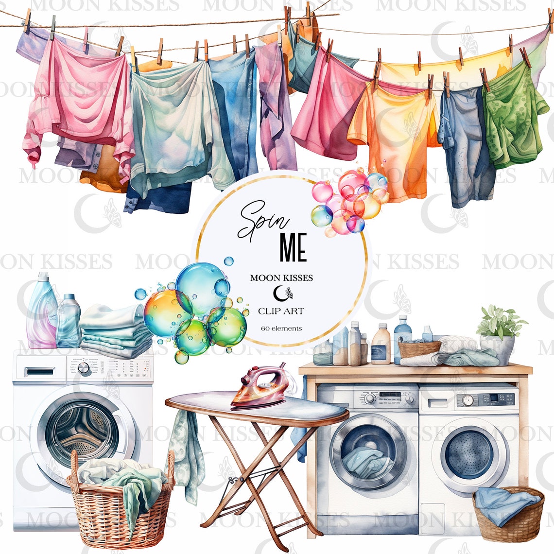 Laundry Room Watercolor Clip Art: Washing Machine, Ironing Board ...