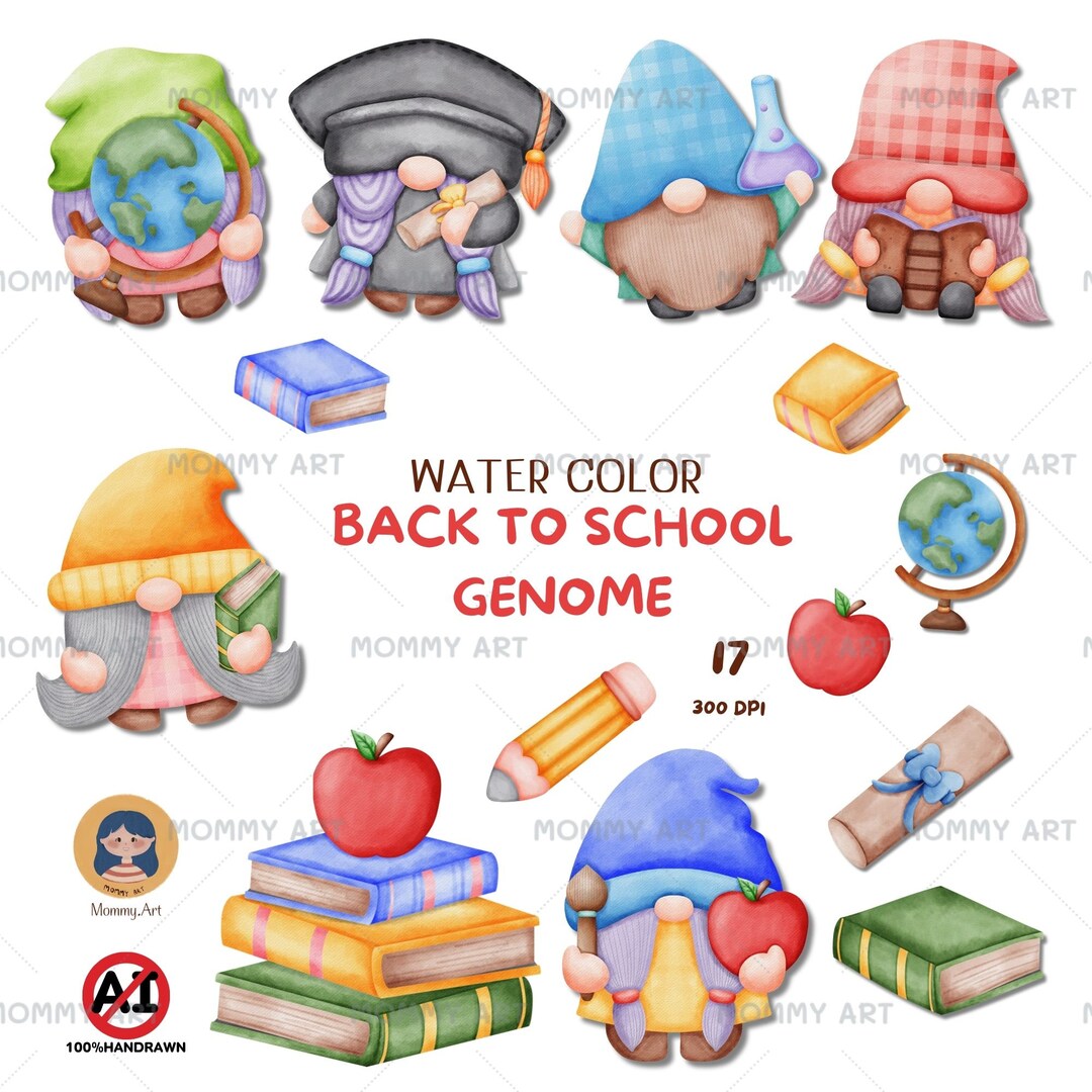 Back to School Gnome Watercolor Clipart Set, 17 PNG Files, 300 DPI ...