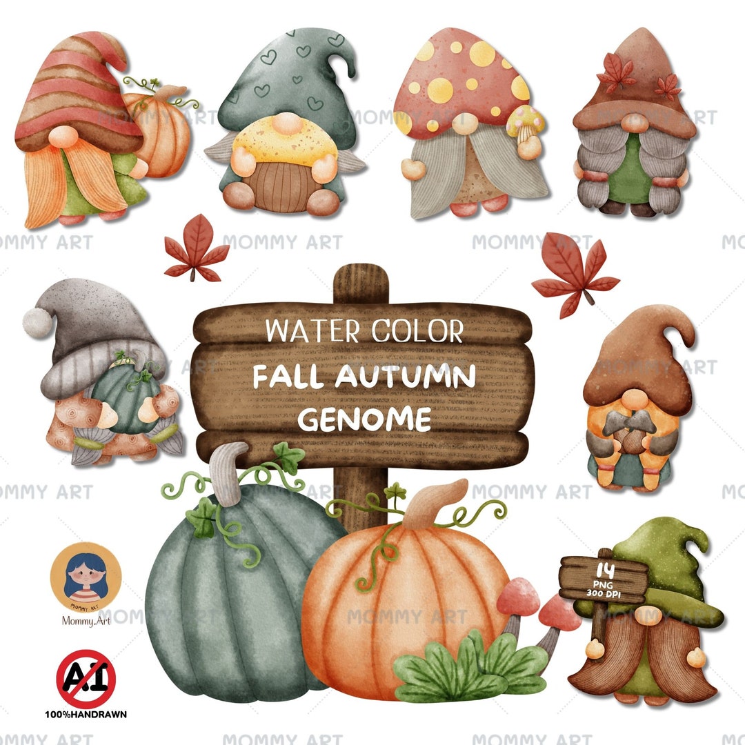 Fall Autumn Gnome Watercolor Clipart Set, 14 PNG Files, 300 DPI, Hand ...