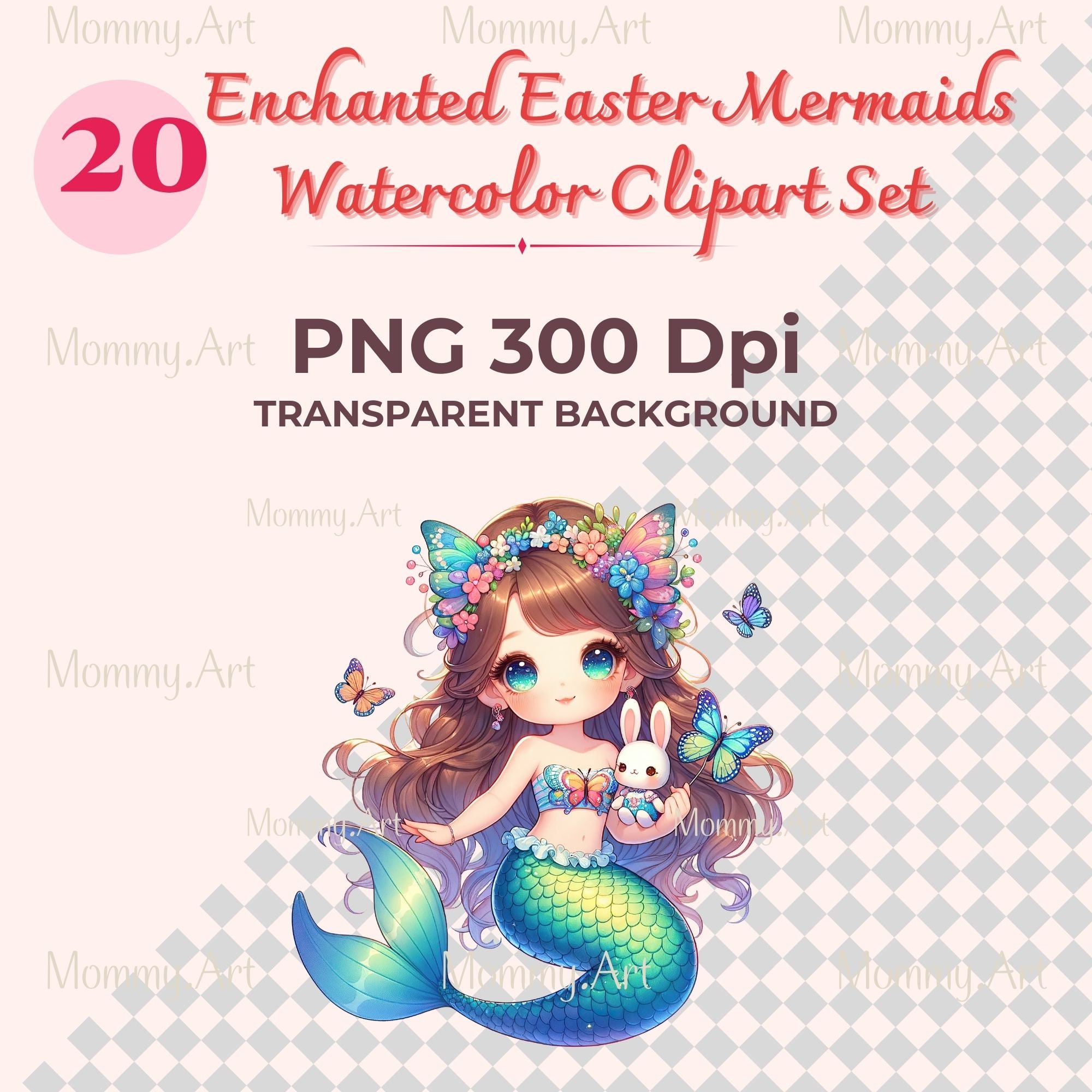 Enchanted Easter Mermaids Clipart Set 20 Watercolor PNG Files, High ...