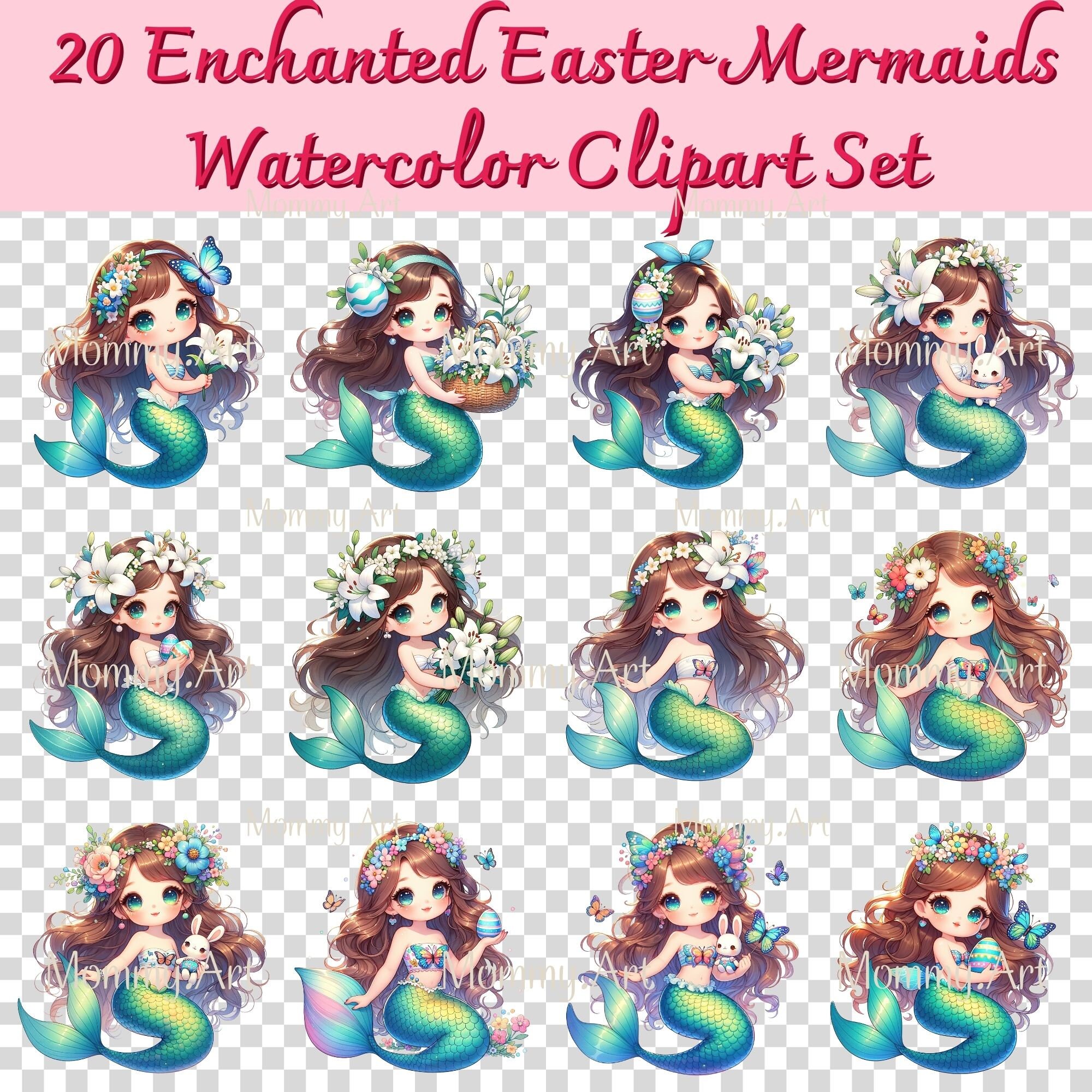 Enchanted Easter Mermaids Clipart Set 20 Watercolor PNG Files, High ...