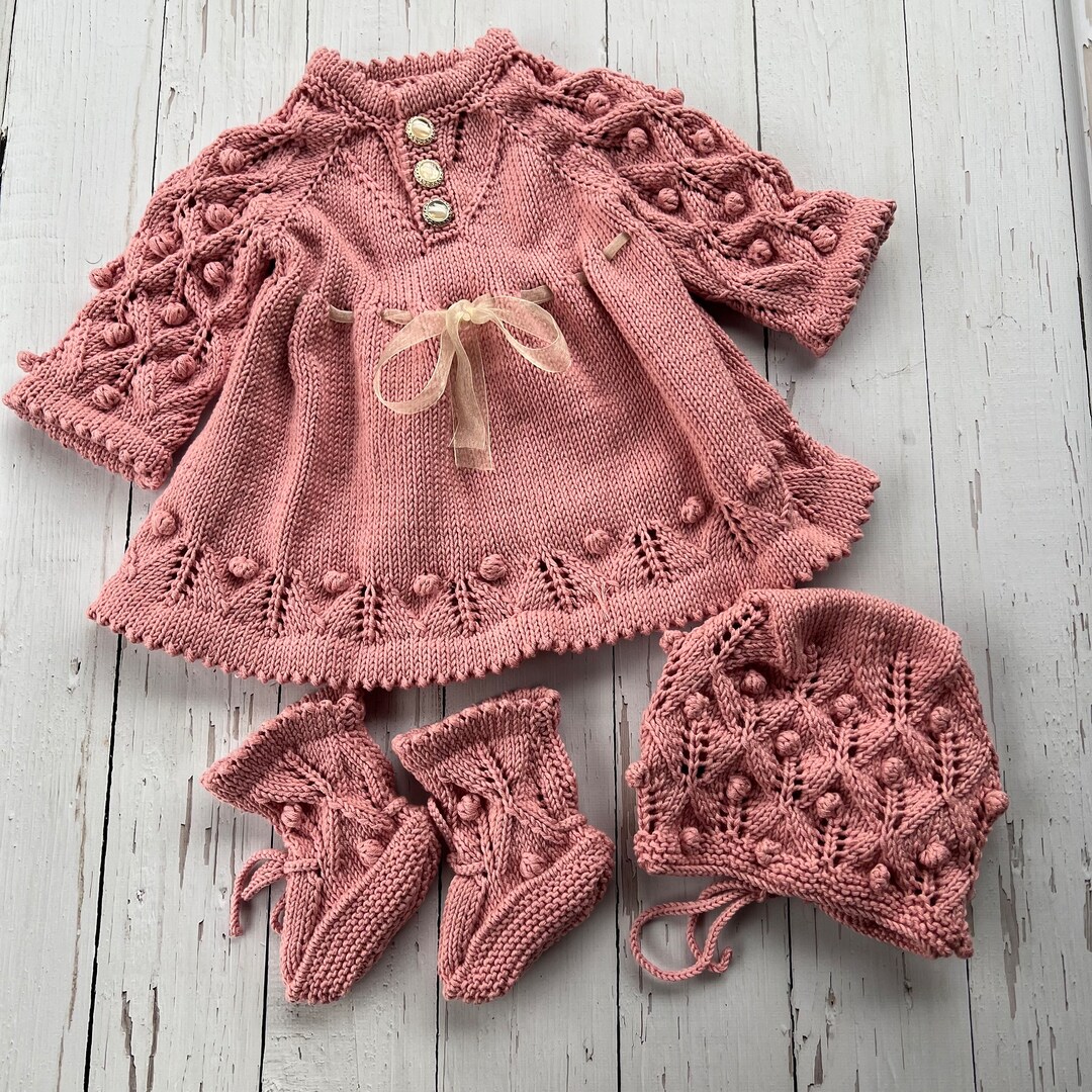 Knitted Pink Baby Girl Dress, Hand Knit Baby Girl Clothing Gift, Cotton ...