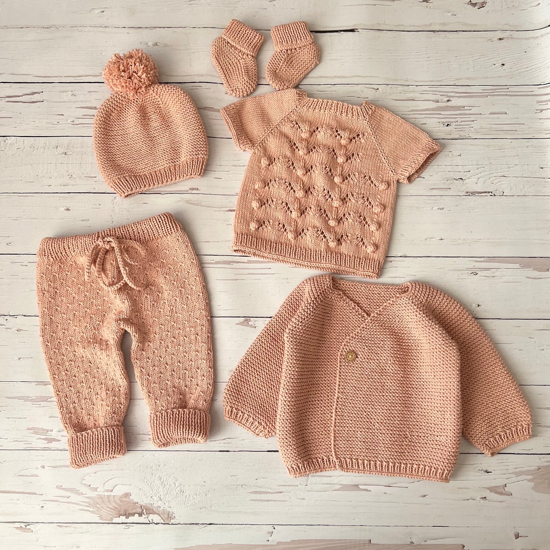 5 Piece Knitted Baby Home Coming Outfit, Newborn Organic Cotton Baby ...