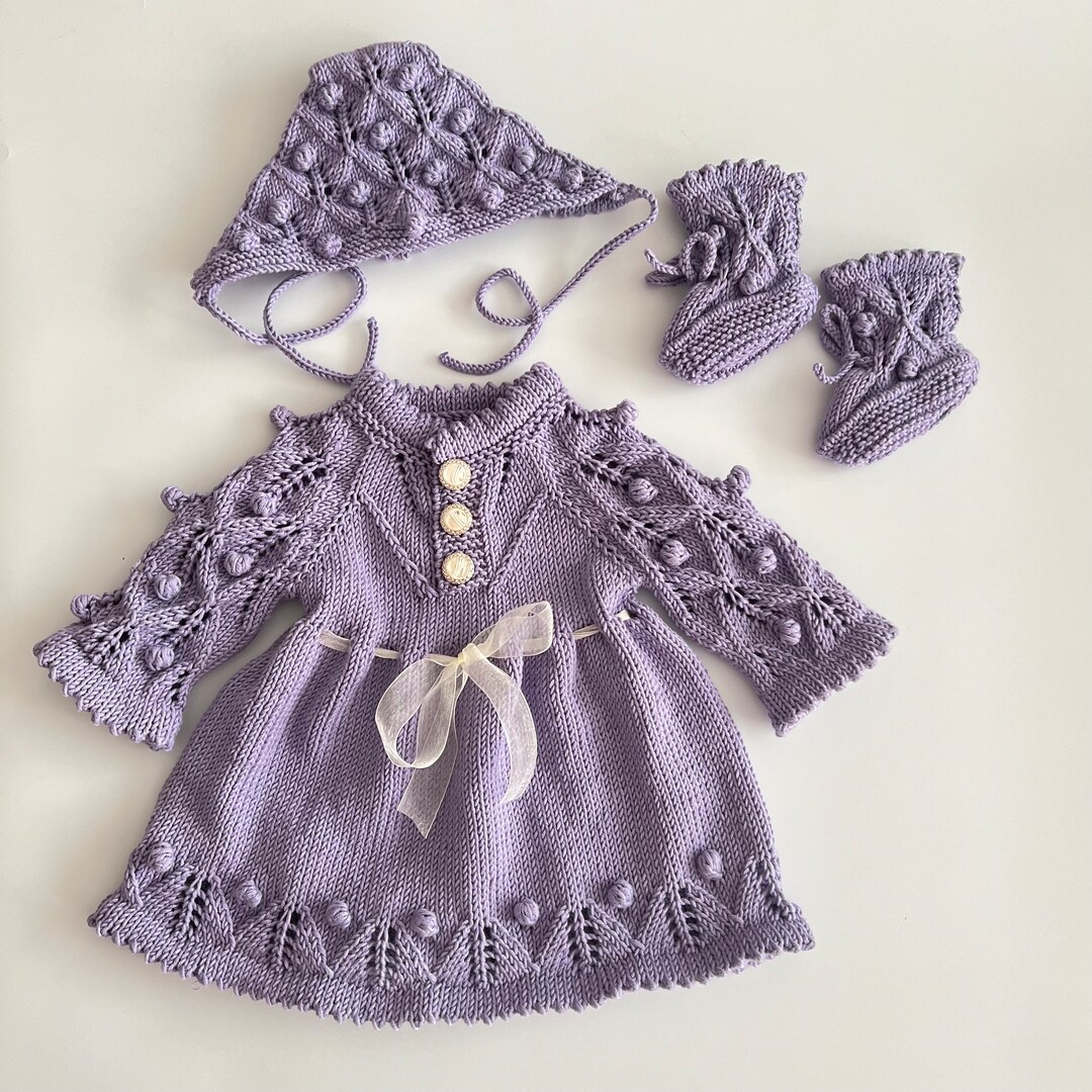 Knitted Baby Girl Dress Set, Hand Knit Clothing Gift, Cotton Hand Knit ...