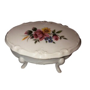 Vintage Porcelain Footed Floral Trinket Vanity Dish Box Ceramic Japan ...
