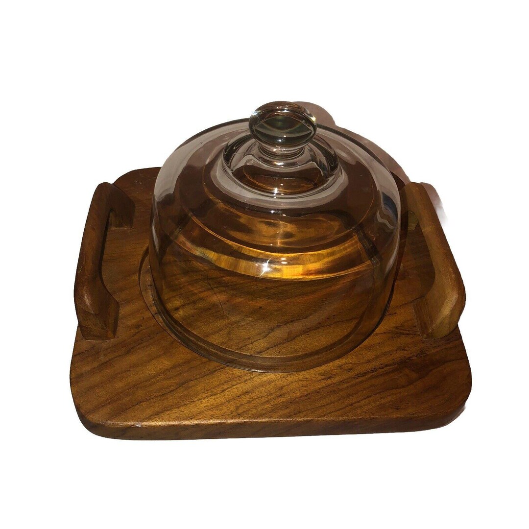 Vintage Dolphin Teakwood Cheese Server Tray W/glass Bell Dome ...