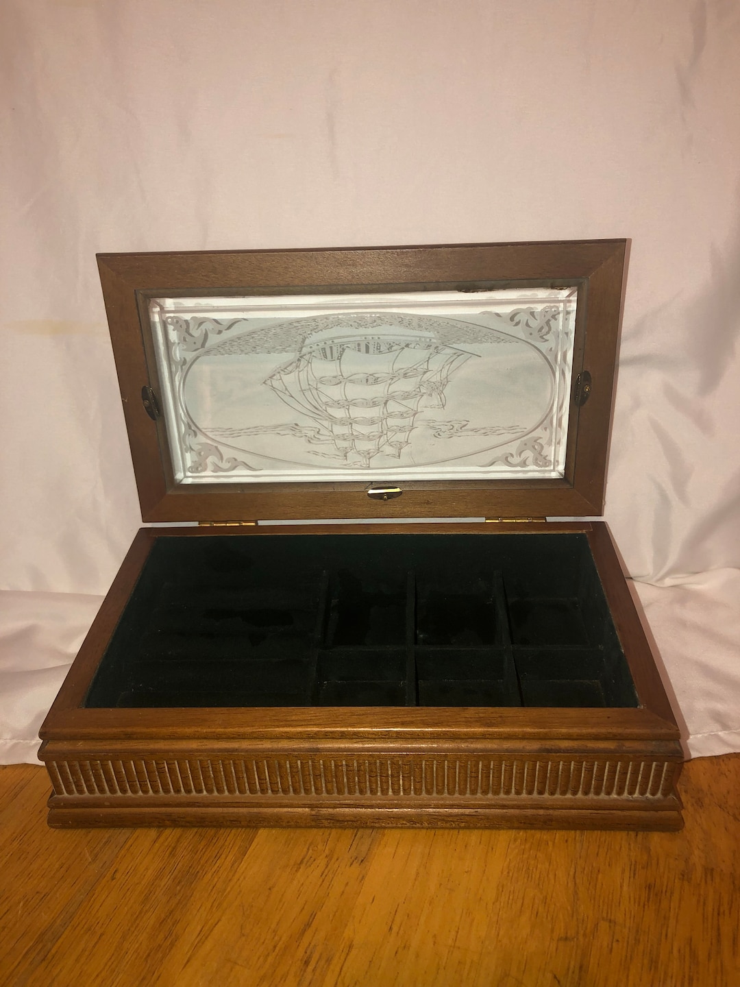 Vintage Wooden Jewelry Box Etched Clipper Ship Glass Wood Box Nautical ...