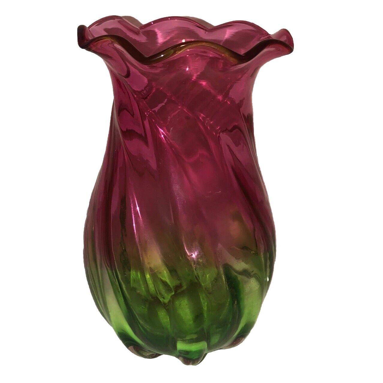Vintage Teleflora Cranberry Watermelon Glass Green Swirl Scallop Edge ...