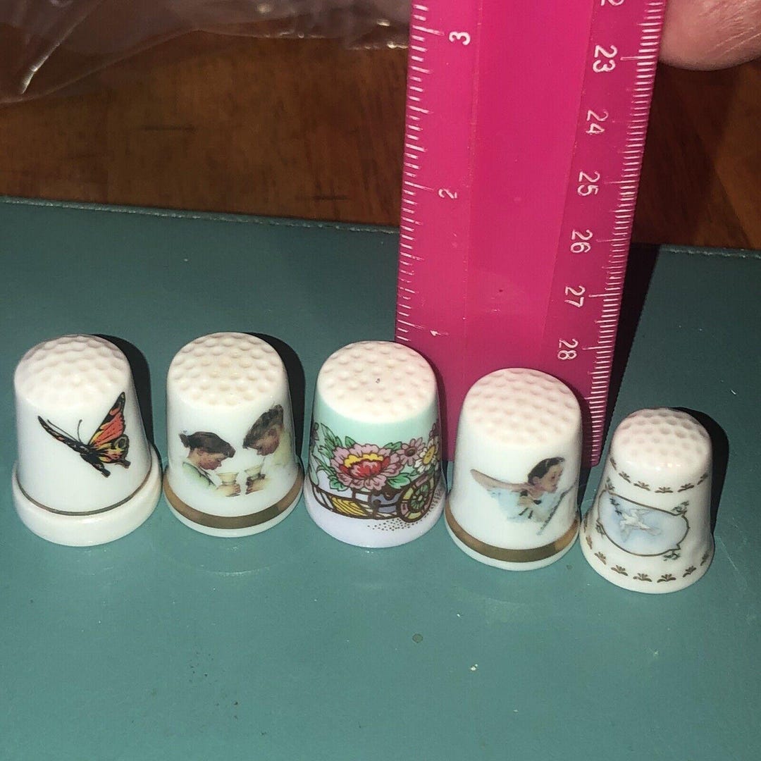 5 Vintage Porcelain Sewing Thimbles Lot 3 Germany & Norman Rockwell Fun ...