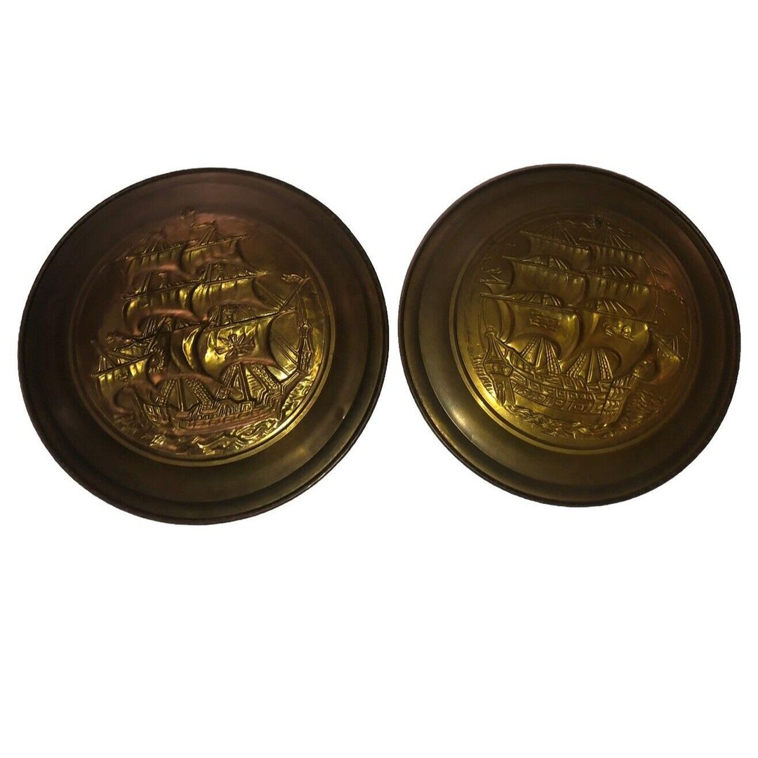 2 Vintage 16” Brass Hanging Trays Round 3D Clipper Pirate Ships England ...