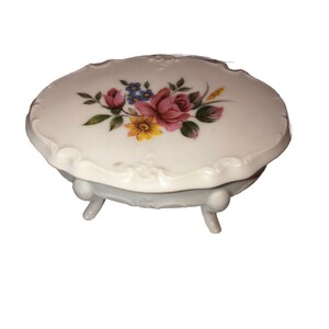 Vintage Porcelain Footed Floral Trinket Vanity Dish Box Ceramic Japan ...