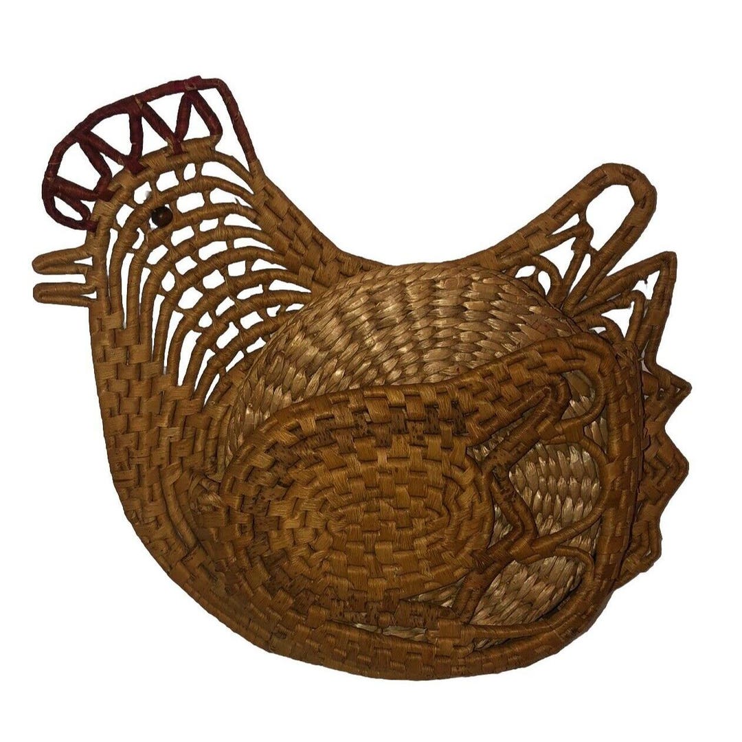 Vintage Rattan Wicker Chicken Rooster Shape Trivet Holder W/ 2 Trivets ...