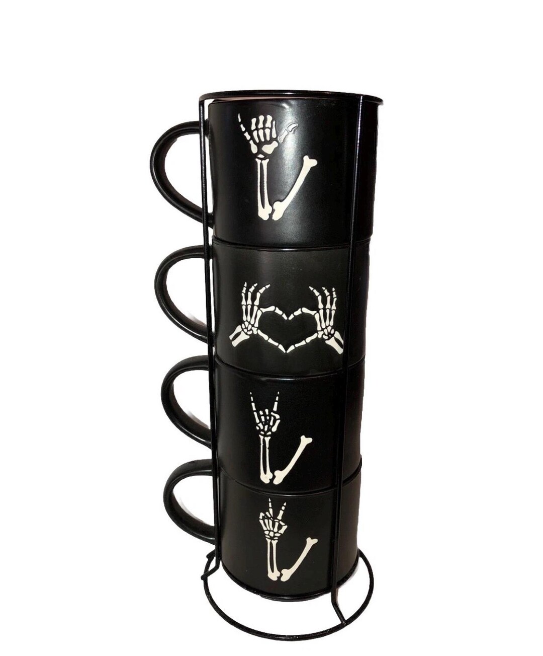 4 Stacking Ceramic Skeleton Mugs Hand Peace With Metal Rack Halloween ...