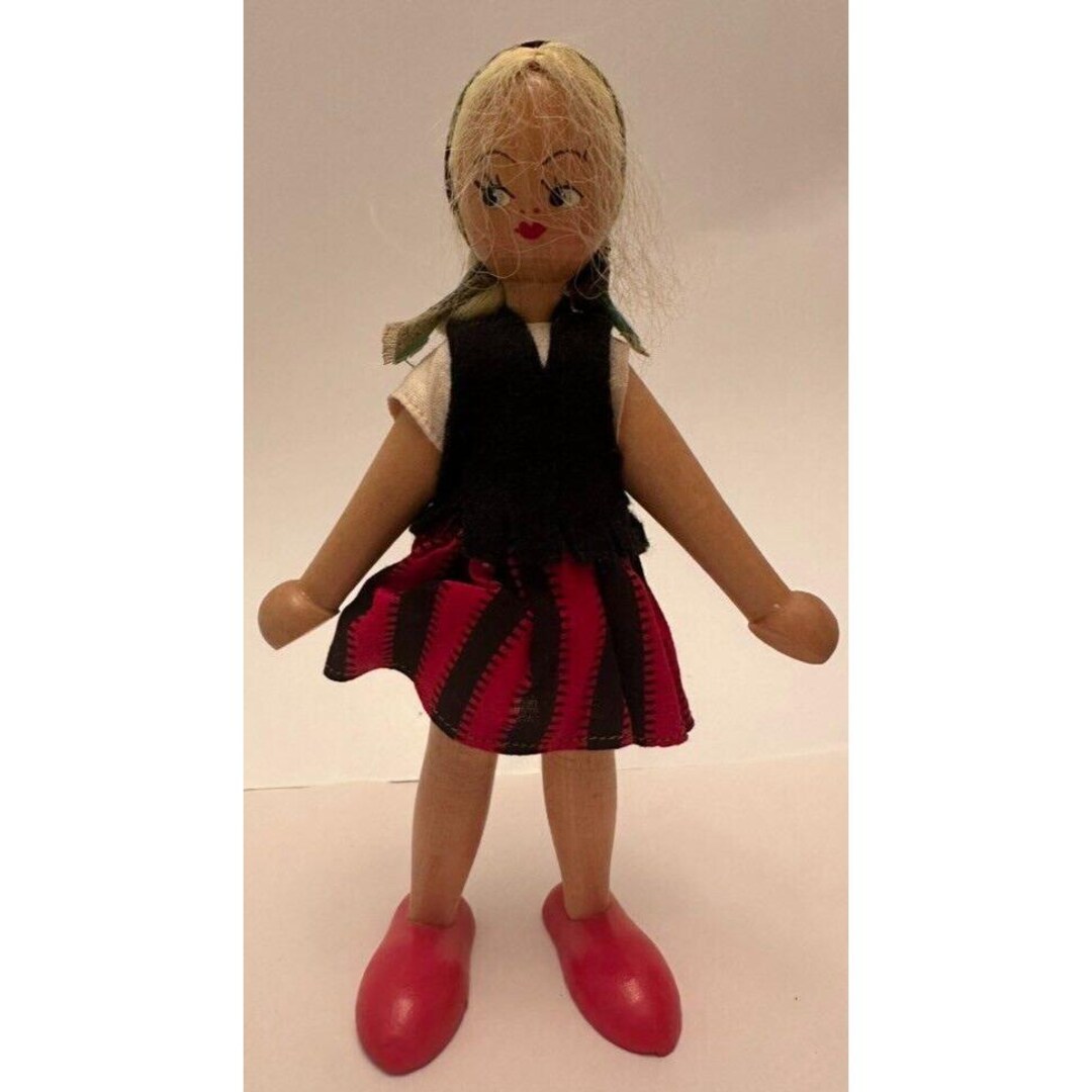 Vintage Polish Wooden Blonde Hair Peg Doll Folk Art Hand Painted Made ...