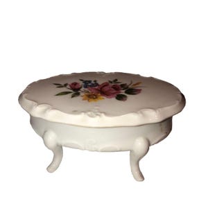 Vintage Porcelain Footed Floral Trinket Vanity Dish Box Ceramic Japan ...