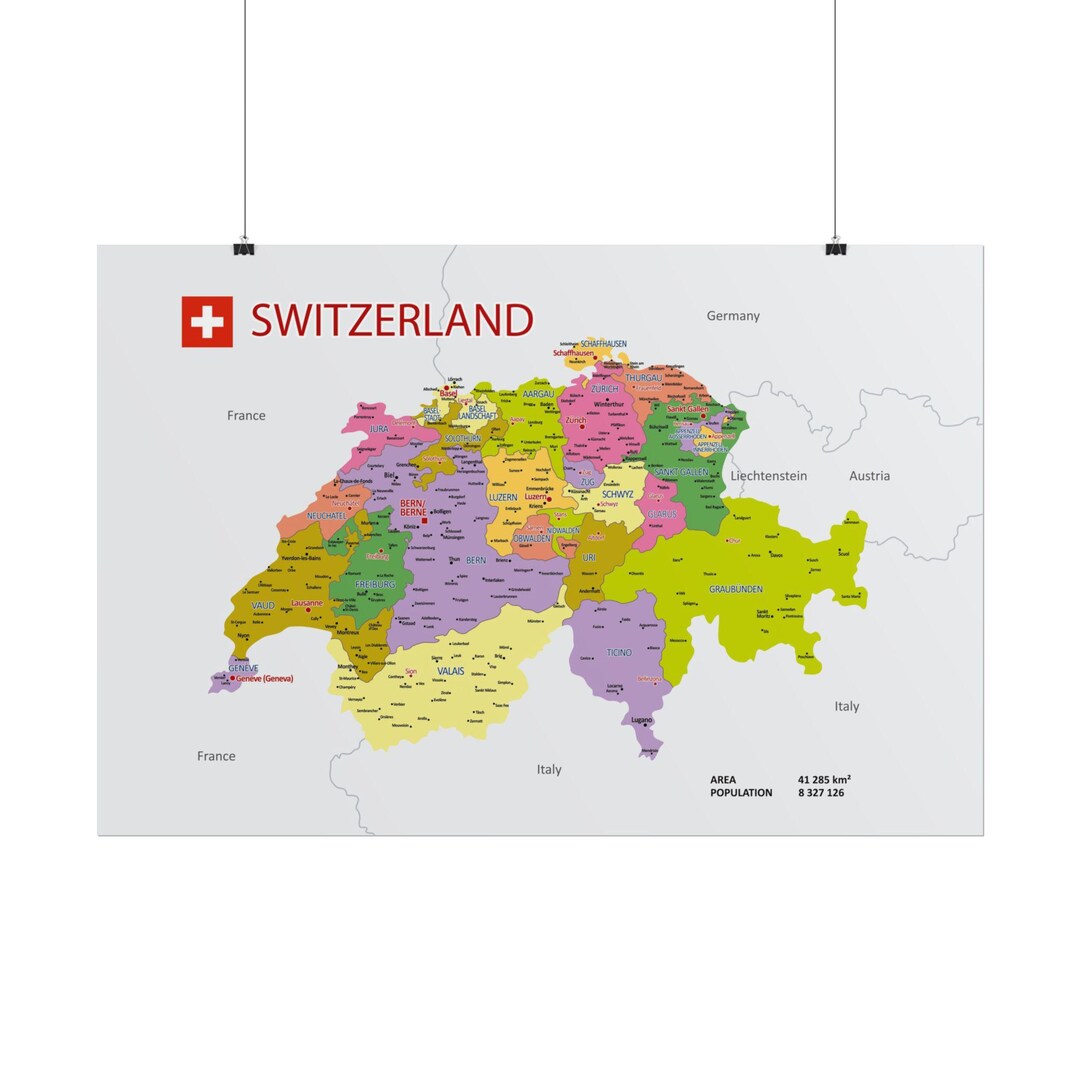 Switzerland Map Poster - Colorful Rolled Wall Art, Swiss Administrative ...