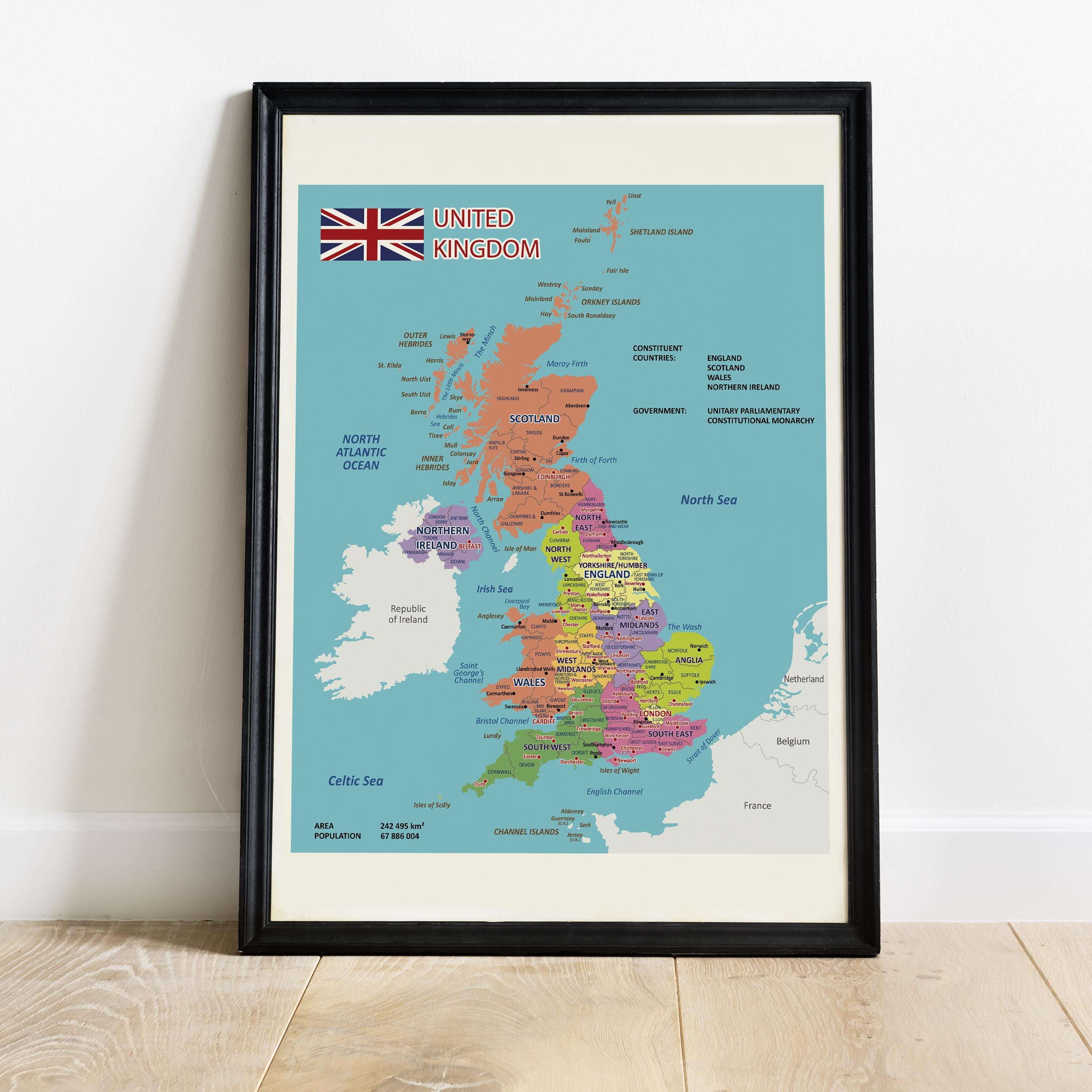 Silk Poster, Political Map of Great Britain, England Atlas Travel Art ...