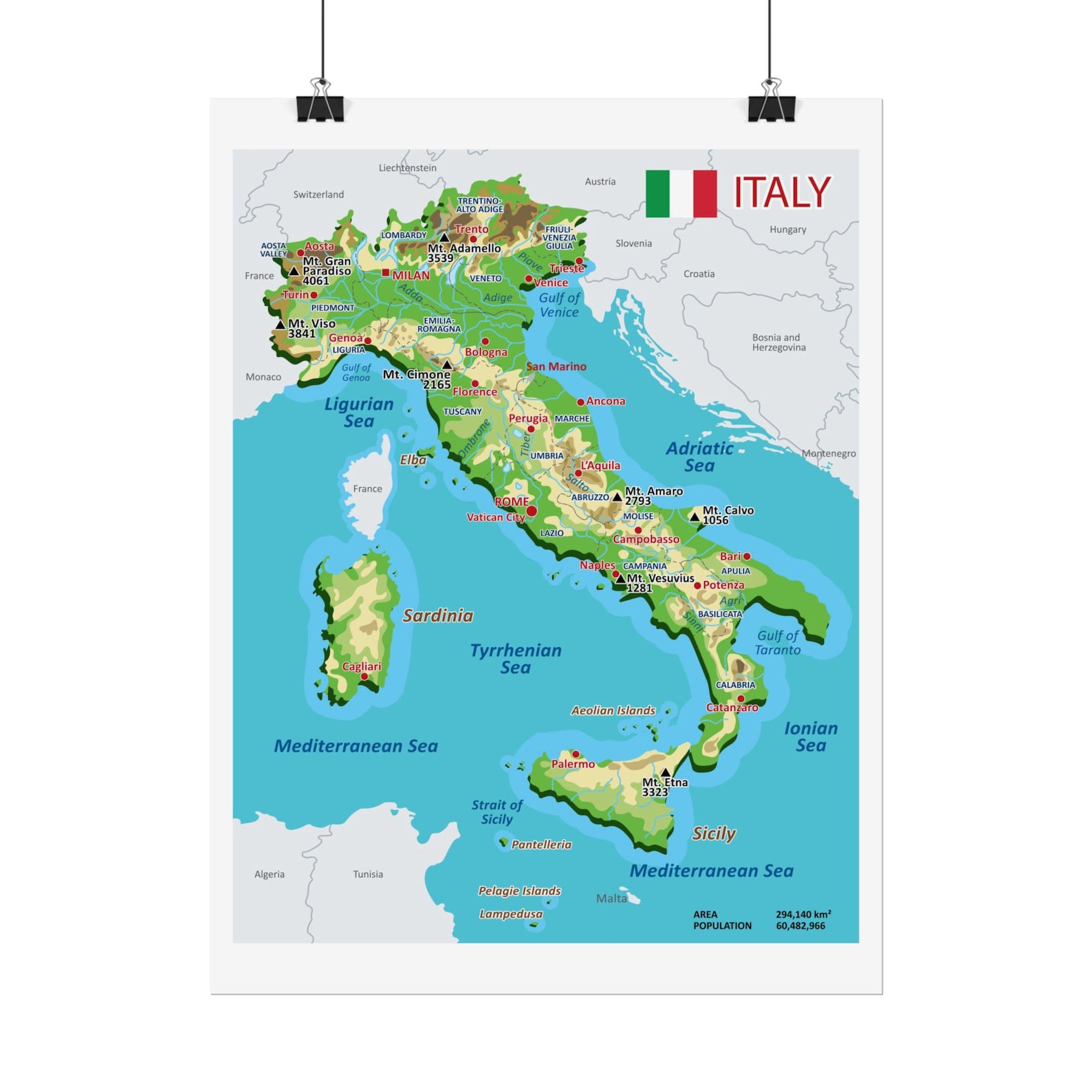 Italy Map Poster: Topographic Geography, Classroom Decor - Etsy