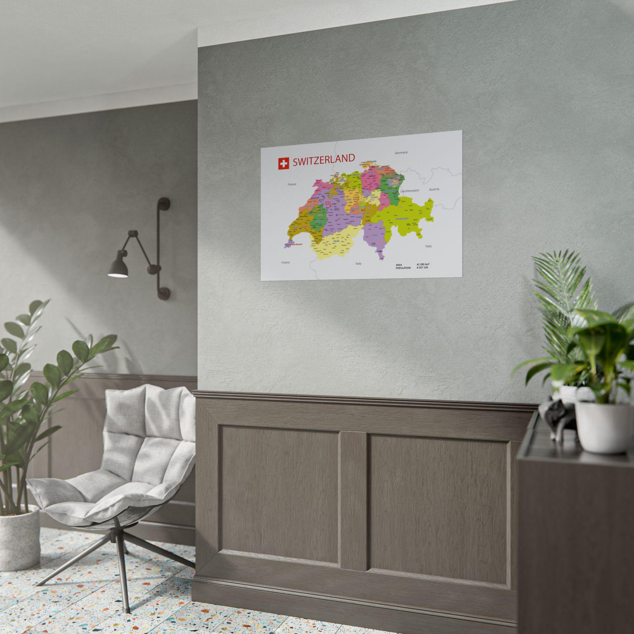 Switzerland Map Poster - Colorful Rolled Wall Art, Swiss Administrative ...
