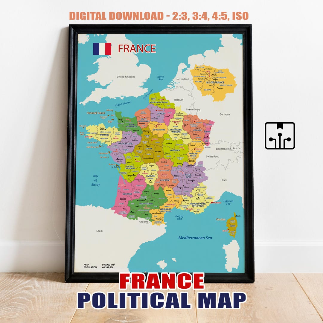 France Political Map – Colorful Digital Poster for Learning & Wall ...