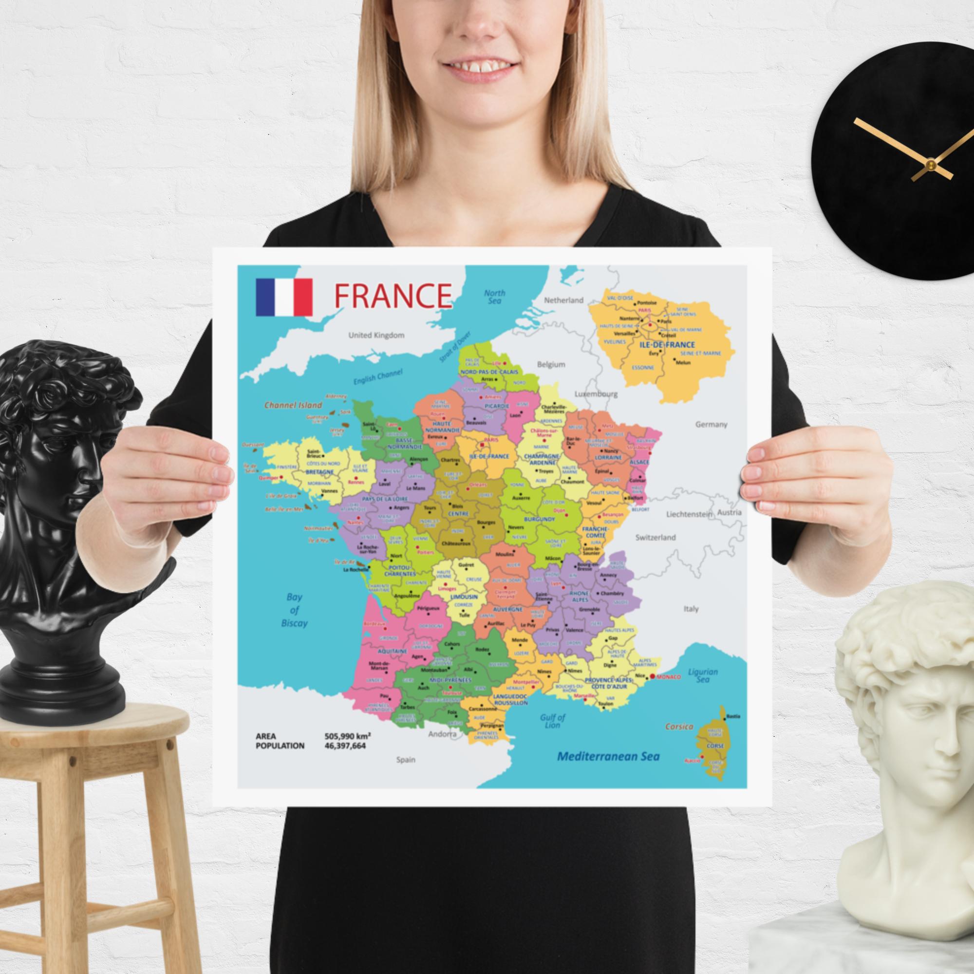 Poster Political Map of France, Administrative Map, France Atlas Travel ...