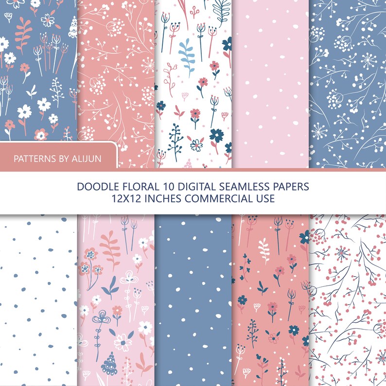 Digital Flower Backgrounds for Printing. Doodle Floral Seamless Pattern ...