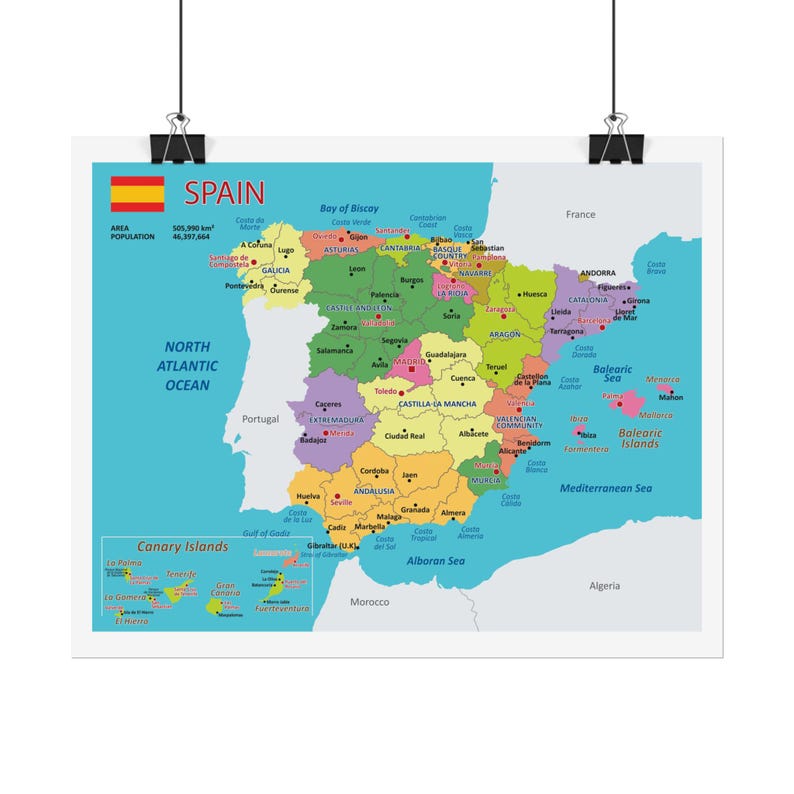 Póster del mapa político de España: Atlas vintage de viajes - Etsy España