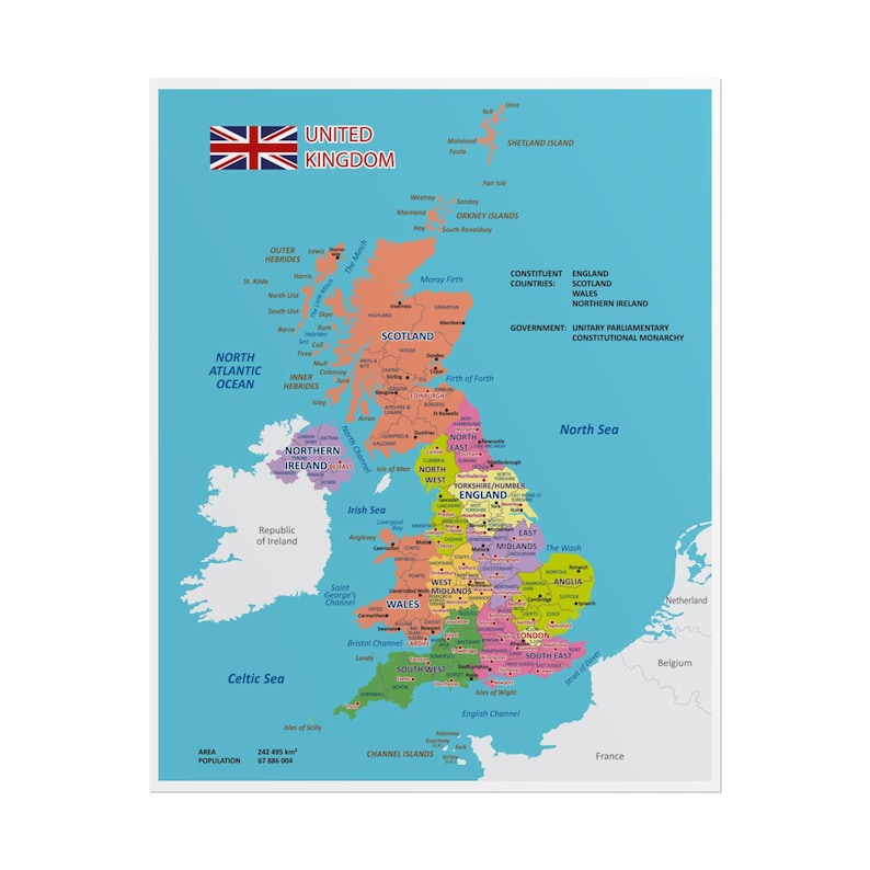 United Kingdom Political Map Poster: Geography Classroom Decor - Etsy